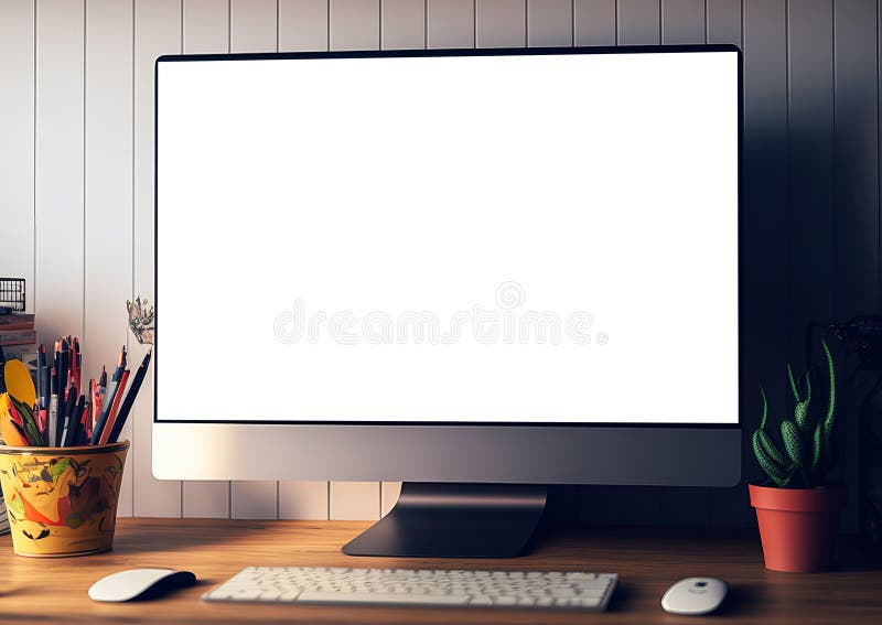 Desktop Computer with Blank Screen in a Minimal Office Space with ...