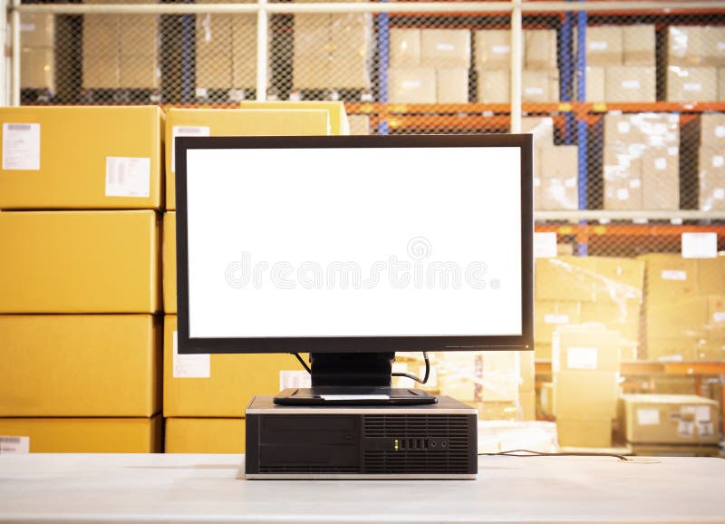 Computer Blank Screen on Table in Warehouse Space. Warehouse Inventory ...
