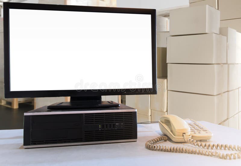 Desktop Computer Blank Screen on Table in Storehouse Storage. Warehouse ...
