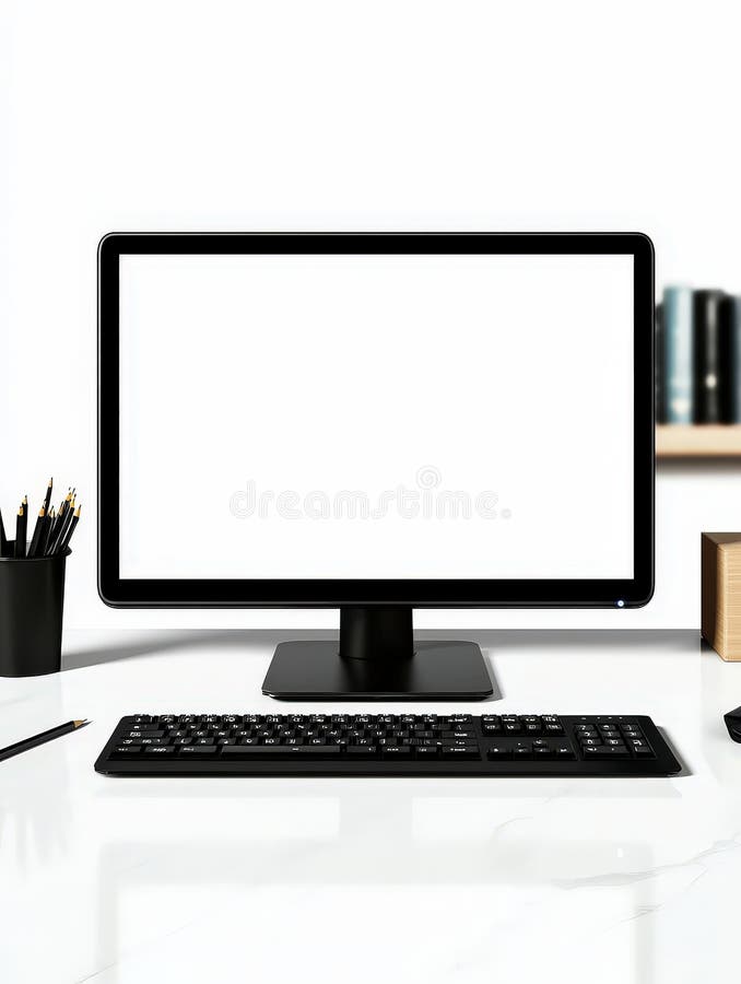 Desktop Computer with a Blank White Screen on a Wooden Table in a ...