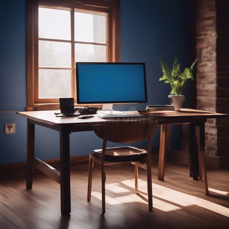 Desktop Computer Blue Screen in Luxury Vintage Large Empty Room ...