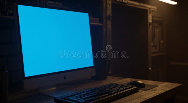 A Desktop Computer with a Blue Screen is Placed on a Wooden Desk. the ...