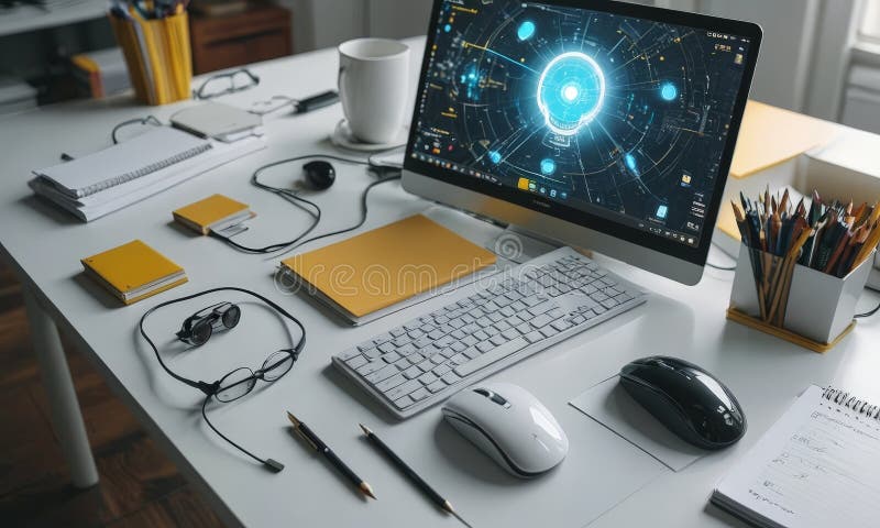 Desktop Computer with Blue and Yellow Design on it Stock Illustration ...