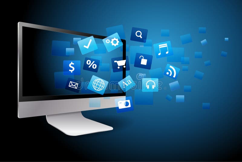 Desktop Computer with with Cloud Application Icons Stock Vector ...