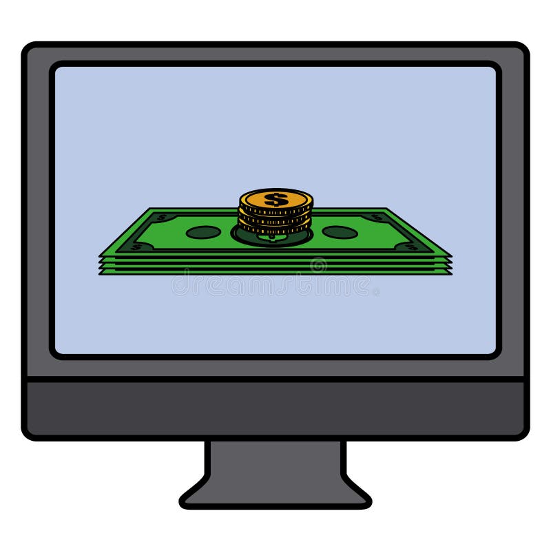 Desktop Computer with Coins and Bills Money Stock Illustration ...