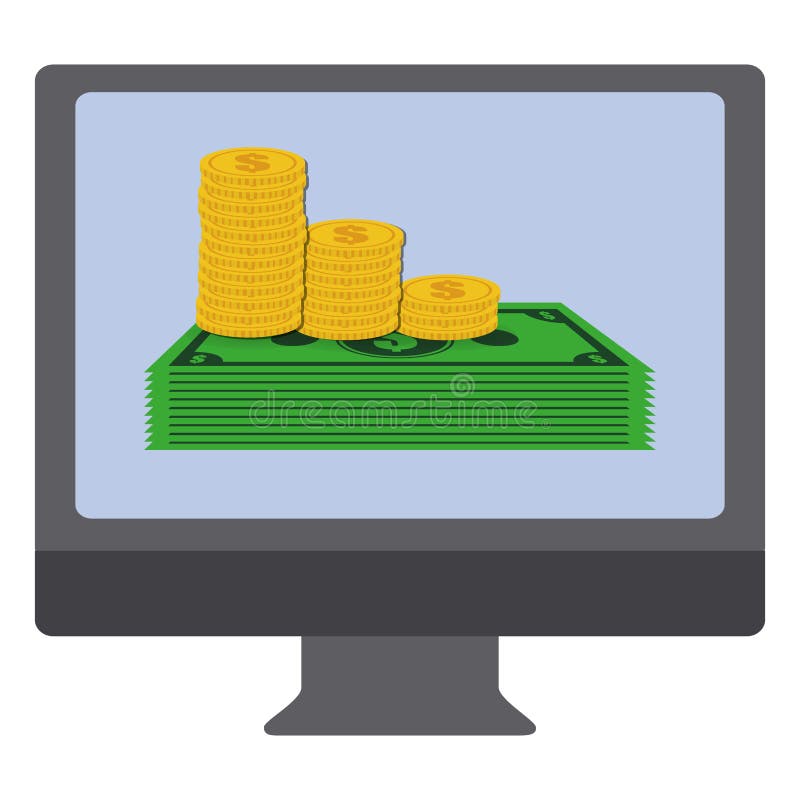 Desktop Computer with Coins and Bills Money Stock Illustration ...