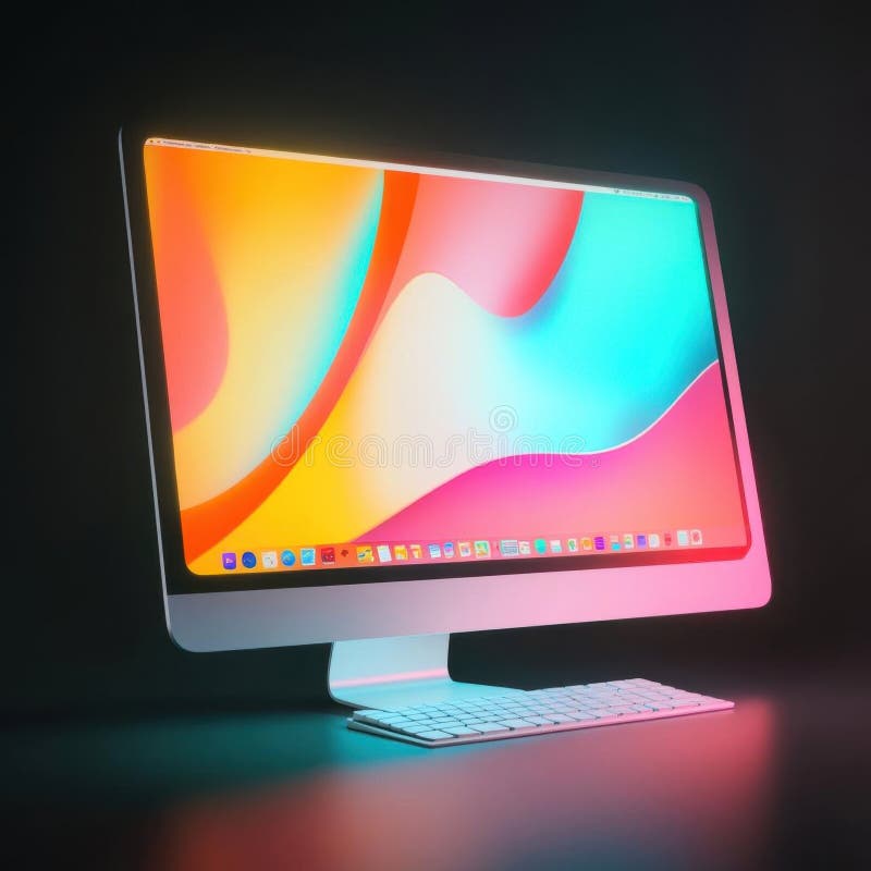 Desktop Computer with Colorful Abstract Wallpaper Stock Illustration ...