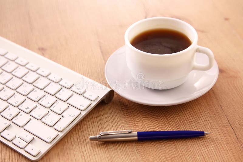 On the Desktop Computer and a Cup of Coffee Stock Photo - Image of ...