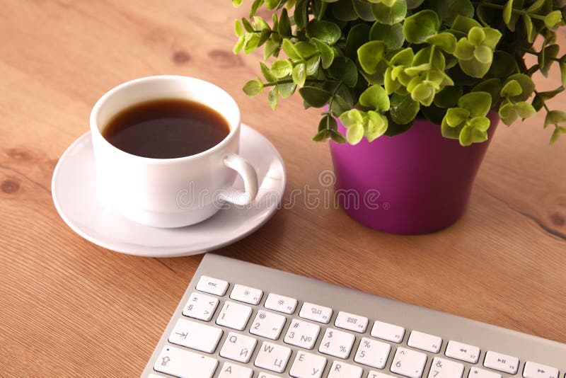 On the Desktop Computer and a Cup of Coffee Stock Image - Image of ...