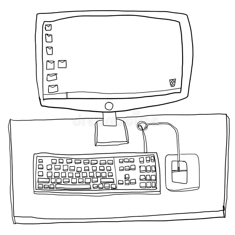 Desktop Computer Hand Drawn Line Art Painting Cute Illustration2 Stock ...