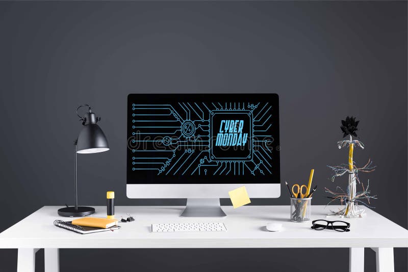 Desktop Computer with Cyber Monday Inscription on Screen, Lamp and ...