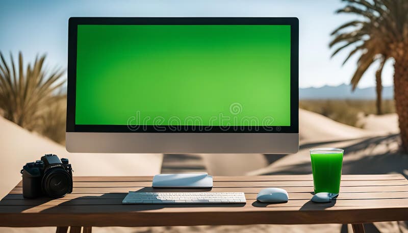 Desktop Computer in the Desert with a Green Screen, Camera, and a Drink ...