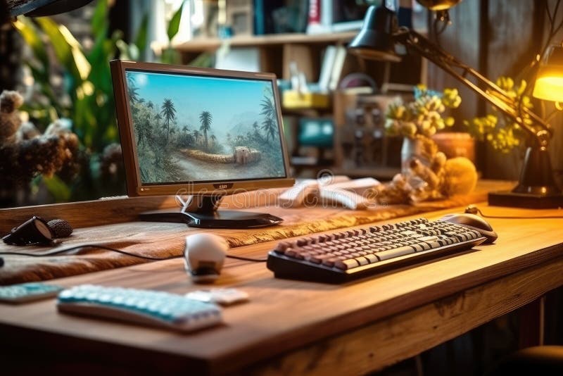 Desktop Computer on a Desk. Generative AI Stock Illustration ...