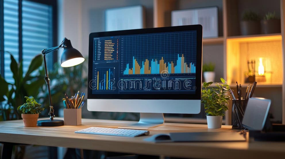 Desktop Computer Displaying Data Analysis in Modern Office Stock Image - Image of work, monitor ...