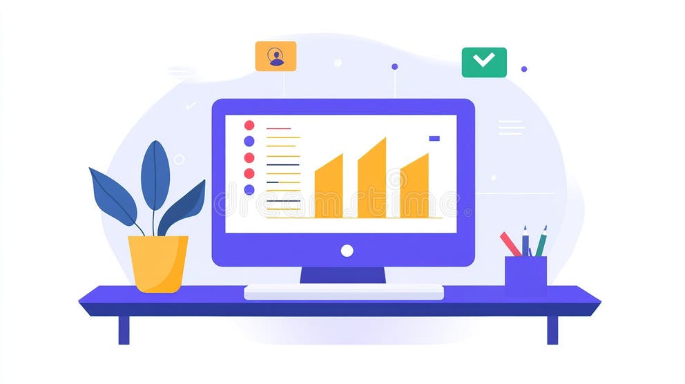 Desktop Computer Displaying Upward Trending Graph, Progress, and ...