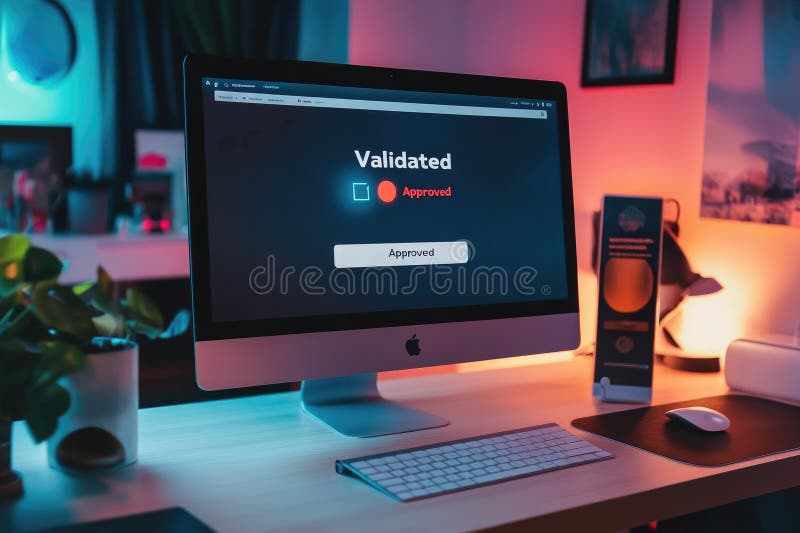 Desktop Computer Displaying Validation Approved Message on Screen for Business Use Stock ...