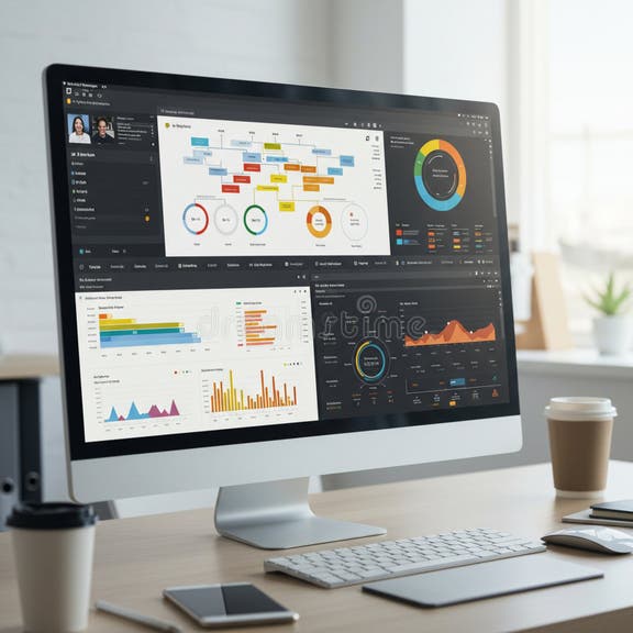 A Desktop Computer Displays a Dashboard with Various Charts and Graphs ...