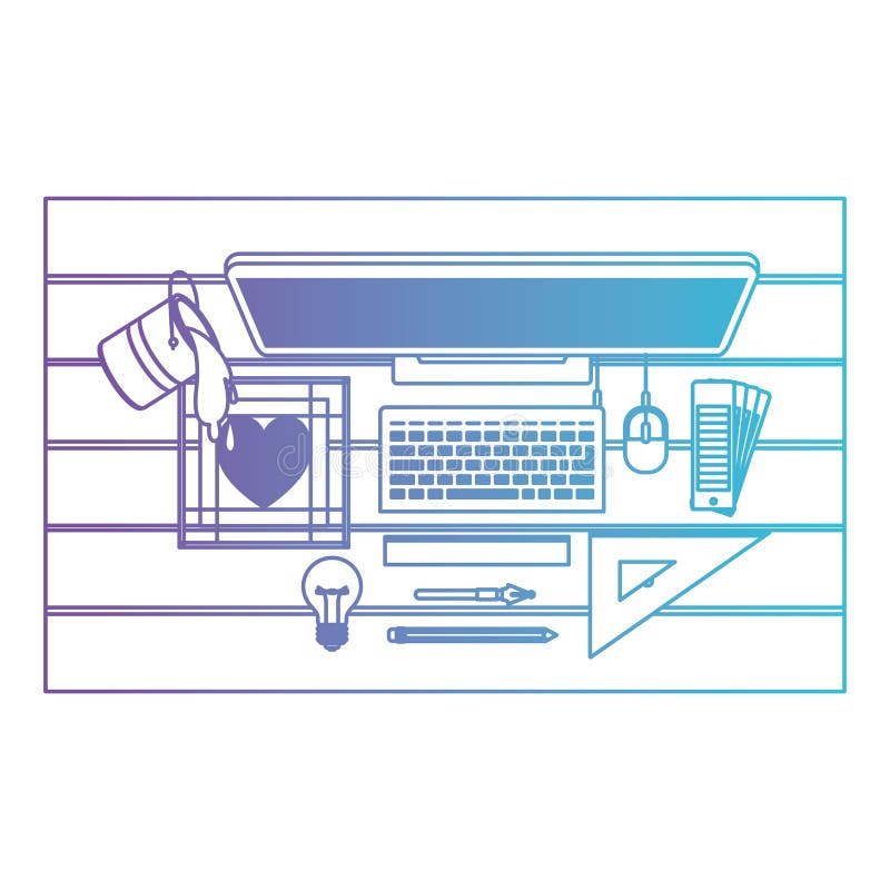 Desktop Computer and Drawing Tools Over Desk on Top View in Degraded ...