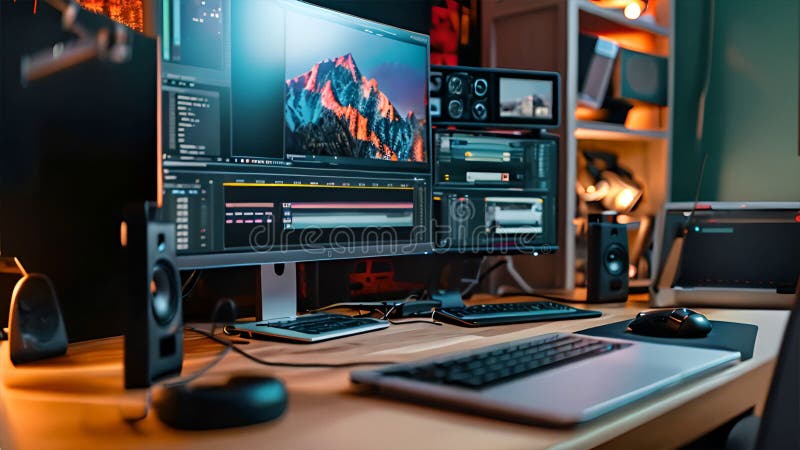 Desktop with Computer Equipment of Content Creator Use Editing Video ...