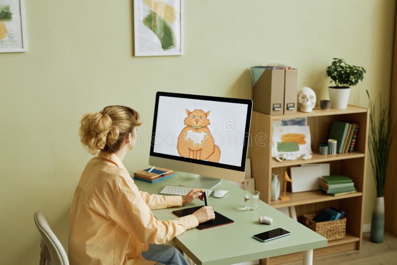 Desktop Computer with Fat Ginger Cat Drawn by Girl on Screen Stock ...