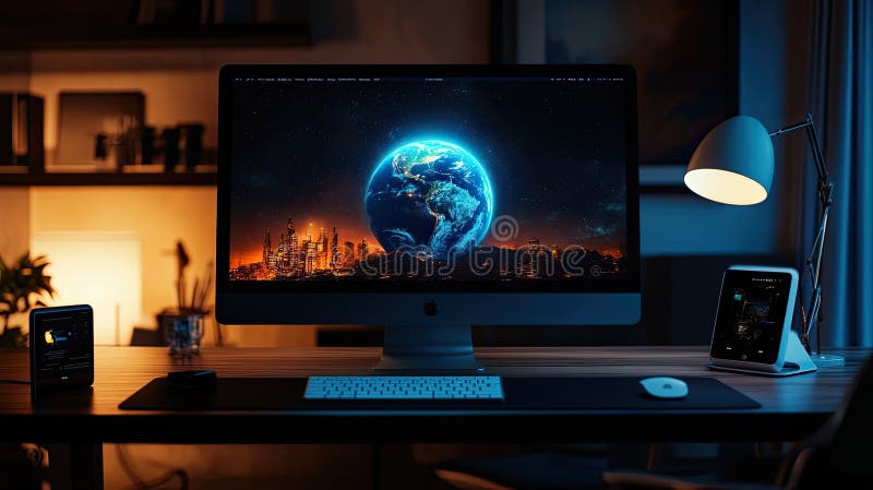 Desktop Computer with a Glowing Earth Wallpaper on the Screen Stock ...