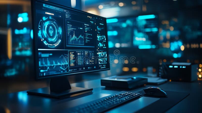 A Desktop Computer with a Glowing Screen Displaying Data and Graphs in ...