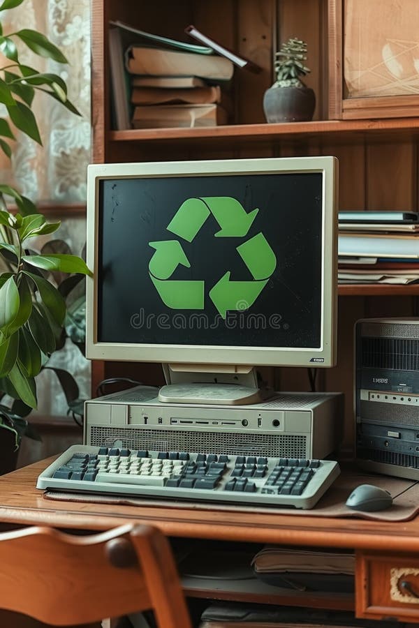 Desktop Computer with Green Recycle Symbol Emphasizes Importance of ...