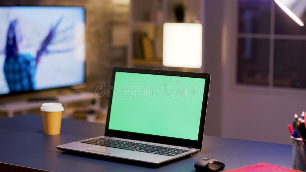 Desktop Computer with Green Screen on Home Office. Stock Photo - Image ...