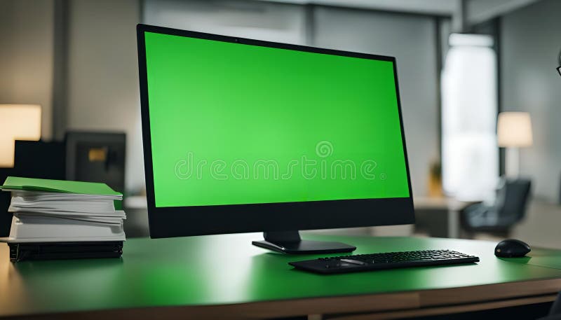 Desktop Computer with Green Screen in Modern Office Stock Illustration ...