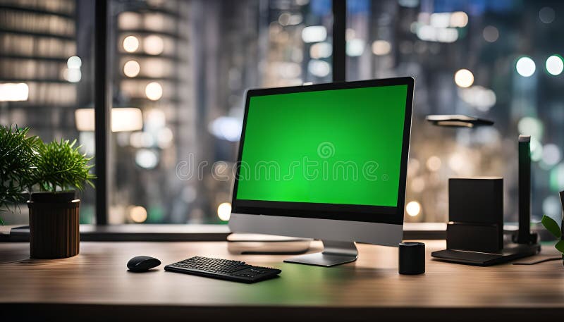 Desktop Computer with Green Screen at Night Stock Illustration ...