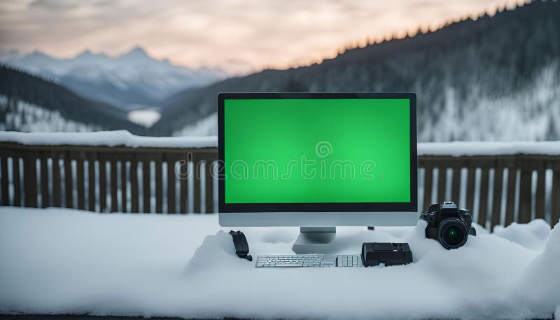 Desktop Computer with Green Screen in Snowy Mountains Stock ...