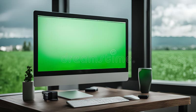 Desktop Computer with Green Screen, View of Green Landscape Stock ...