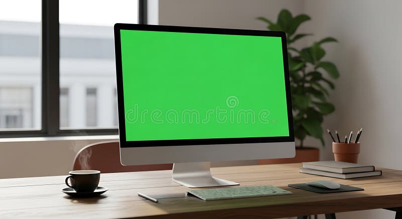 Desktop Computer with Green Screen on Wooden Desk in a Modern Office Setting Mockup Stock Image ...