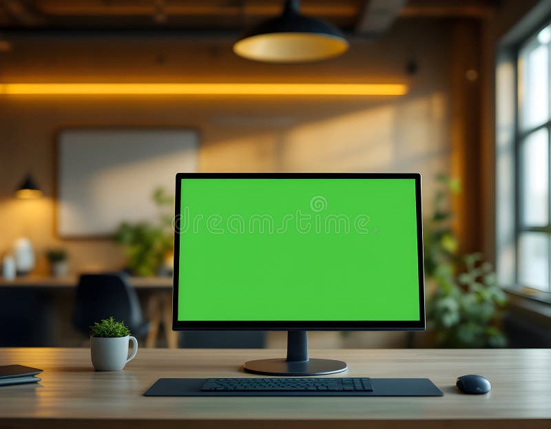 Desktop Computer with Green Screen on Wooden Desk in Modern Office ...