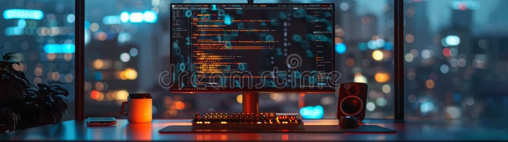 A Desktop with a Computer Illuminated by Dim Warm Light and a Window ...