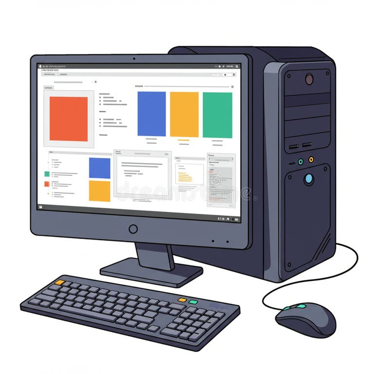 Desktop Computer Illustration Featuring a Monitor Displaying a Colorful ...