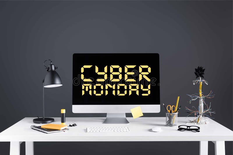 Desktop Computer with Inscription Cyber Monday on Screen, Lamp and ...