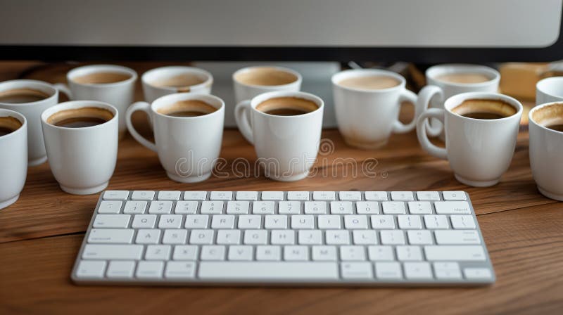 The Desktop with a Computer Keyboard is Covered with Cups of Coffee ...