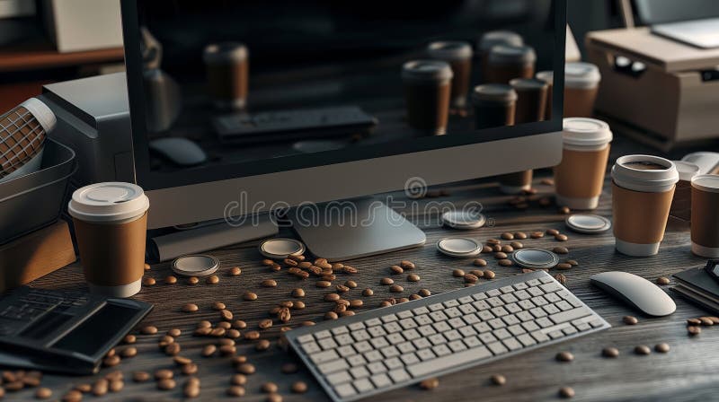 The Desktop with a Computer Keyboard is Covered with Cups of Coffee ...