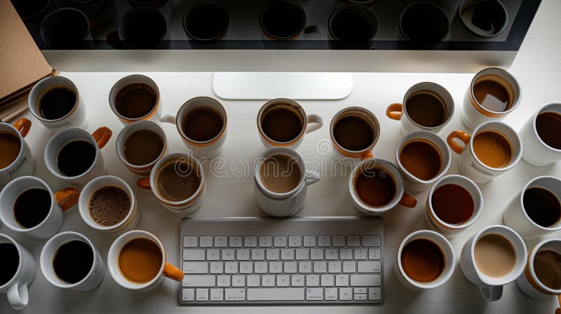 The Desktop with a Computer Keyboard is Covered with Cups of Coffee ...