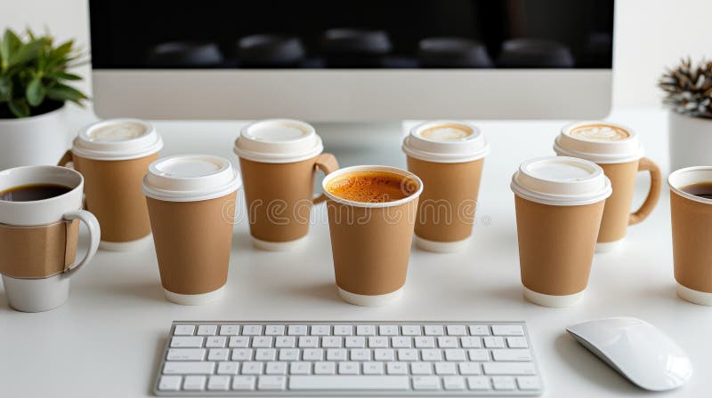 The Desktop with a Computer Keyboard is Covered with Cups of Coffee ...