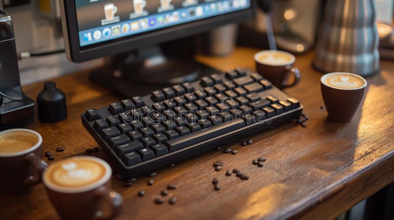 The Desktop with a Computer Keyboard is Covered with Cups of Coffee ...