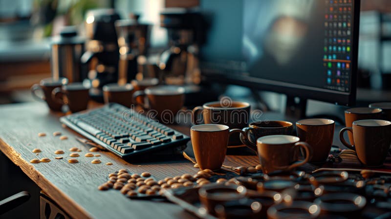 The Desktop with a Computer Keyboard is Covered with Cups of Coffee ...