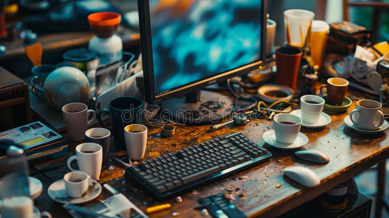 The Desktop with a Computer Keyboard is Covered with Cups of Coffee ...