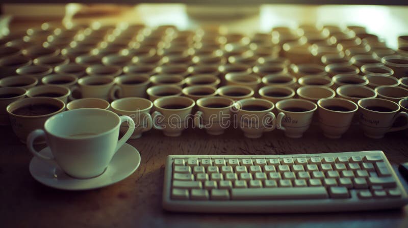 The Desktop with a Computer Keyboard is Covered with Cups of Coffee ...