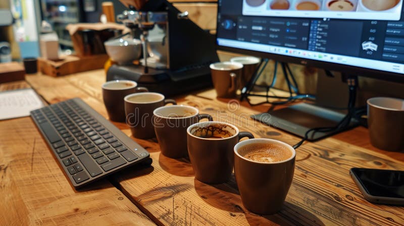 The Desktop with a Computer Keyboard is Covered with Cups of Coffee ...
