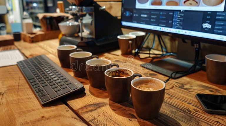 The Desktop with a Computer Keyboard is Covered with Cups of Coffee ...