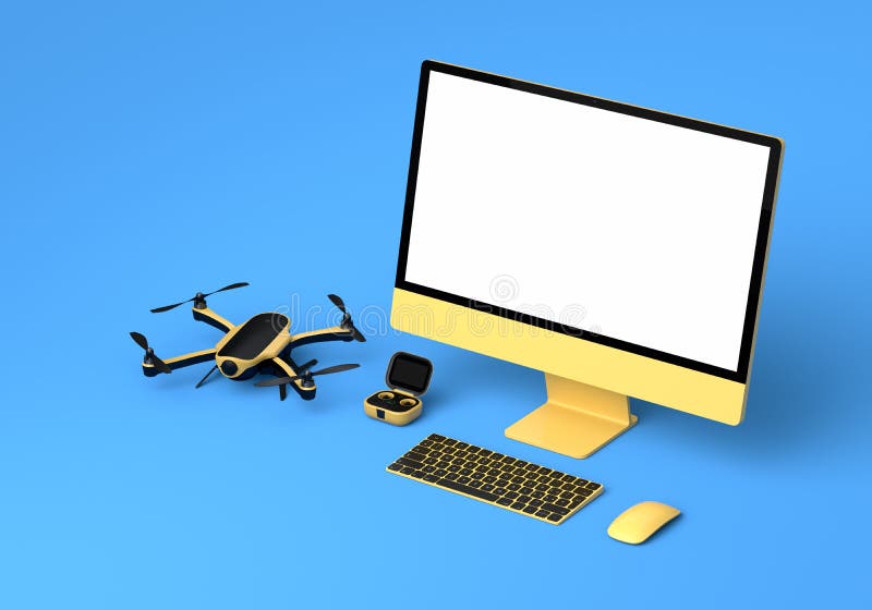 Desktop Computer with Keyboard, Mouse, Drone and Controller on Blue ...