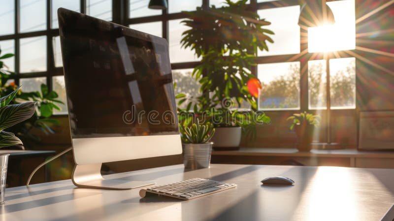 Desktop Computer, Keyboard, Mouse and Green Indoor Plants in a Modern Sunlit Office Stock Image ...