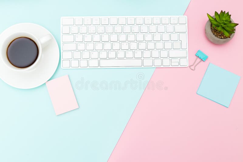 Desktop with Computer Keyboard and Succulent. Pastel Colored Stock ...